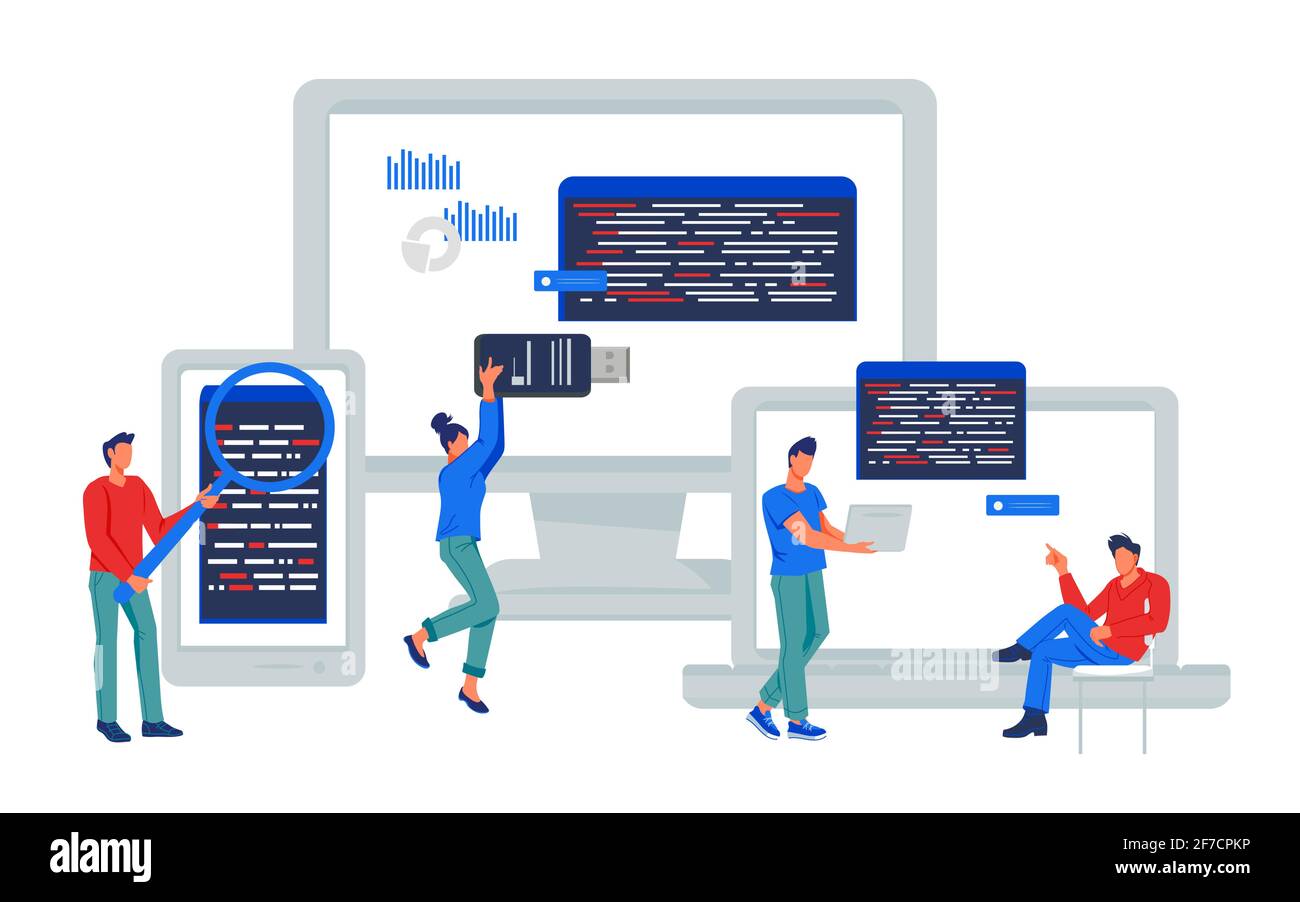 Adaptive app development and programming banner with characters of ...
