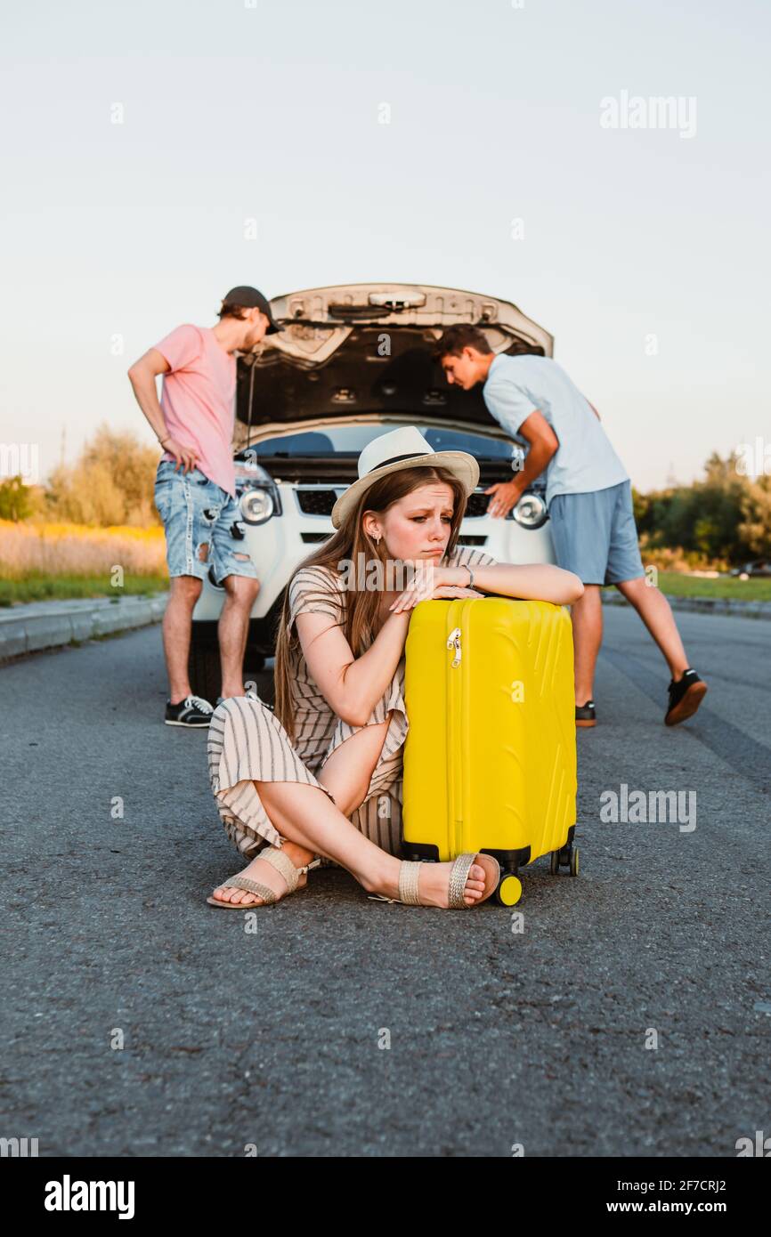 ruined vacation. broken car. problems on the road. copy space Stock ...