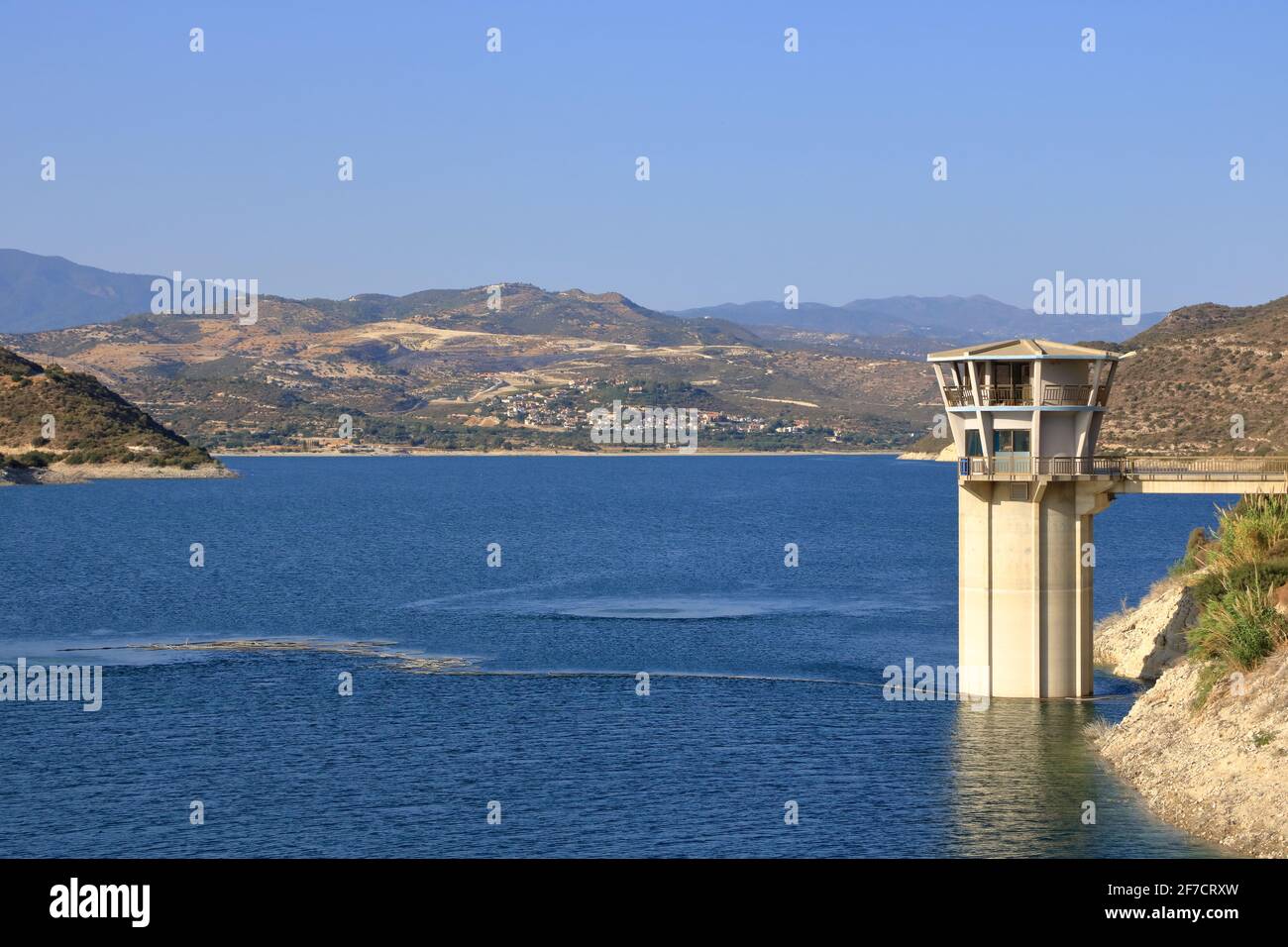 The Kouris dam with reservoir, the largest of a network of 107 dams, 15 ...