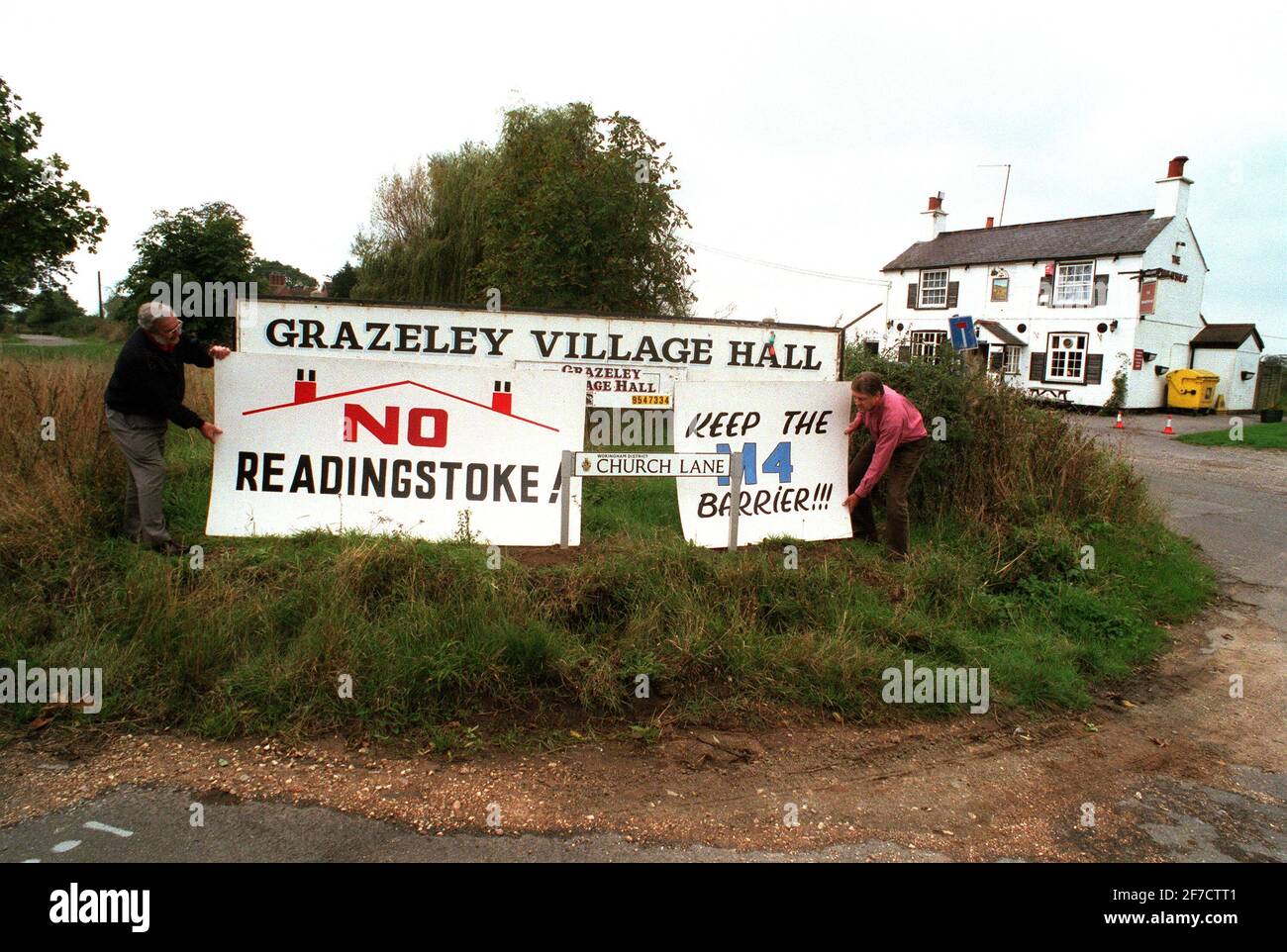Grazeley Villagers putting up Anti Housing signs 1998as a symbol of ...