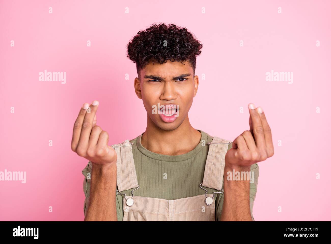 Photo of offended worker guy demand speak fingers show money sign wear ...