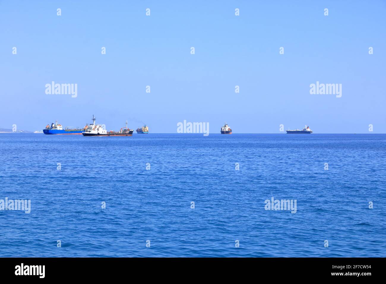 October 06 2020 - Limassol, Cyprus: Large container ships waiting in ...