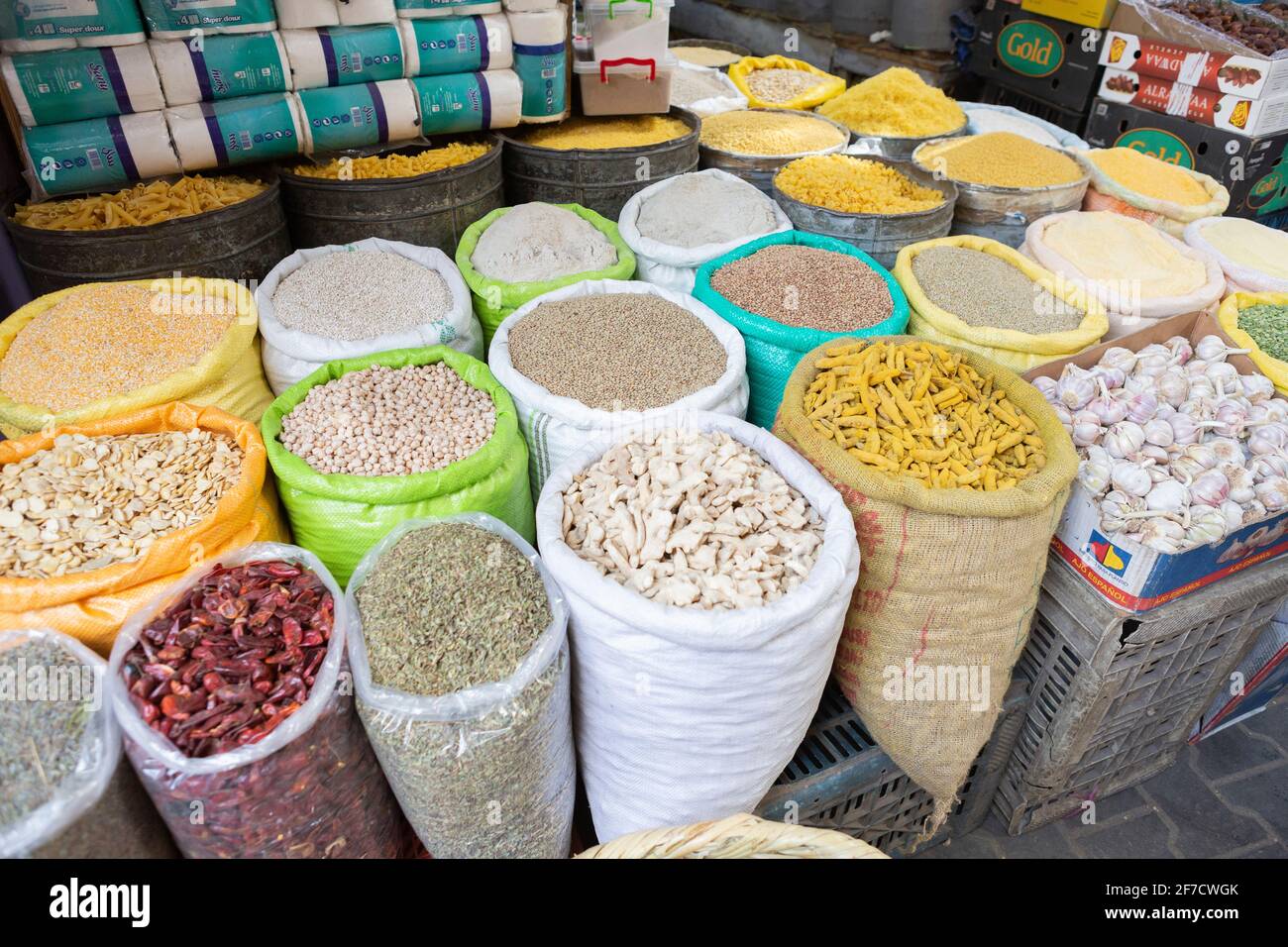 Bags with grains and other goods at a shop in the medina of Marrakech ...
