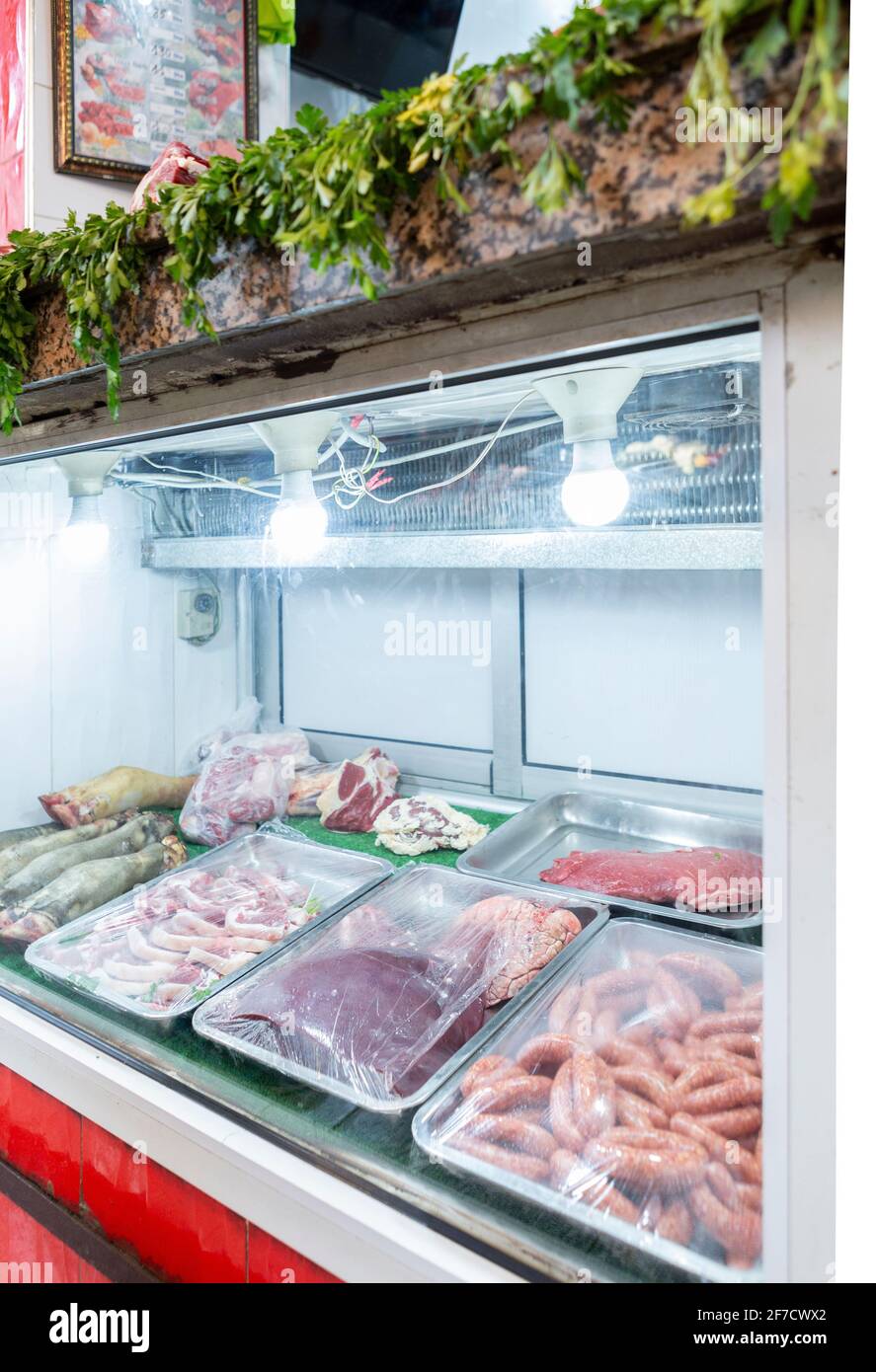 Offer at a butcher´s shop in the medina of Marrakech, Morocco Stock ...