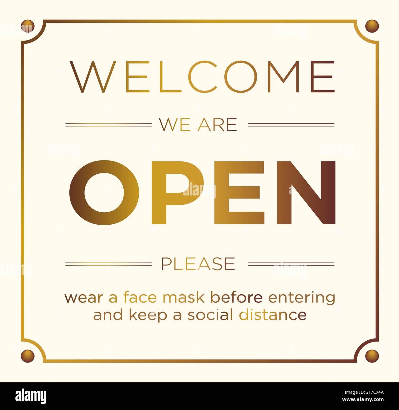 Welcome, we are open. Retro hanging door sign. Gold on a beige ...