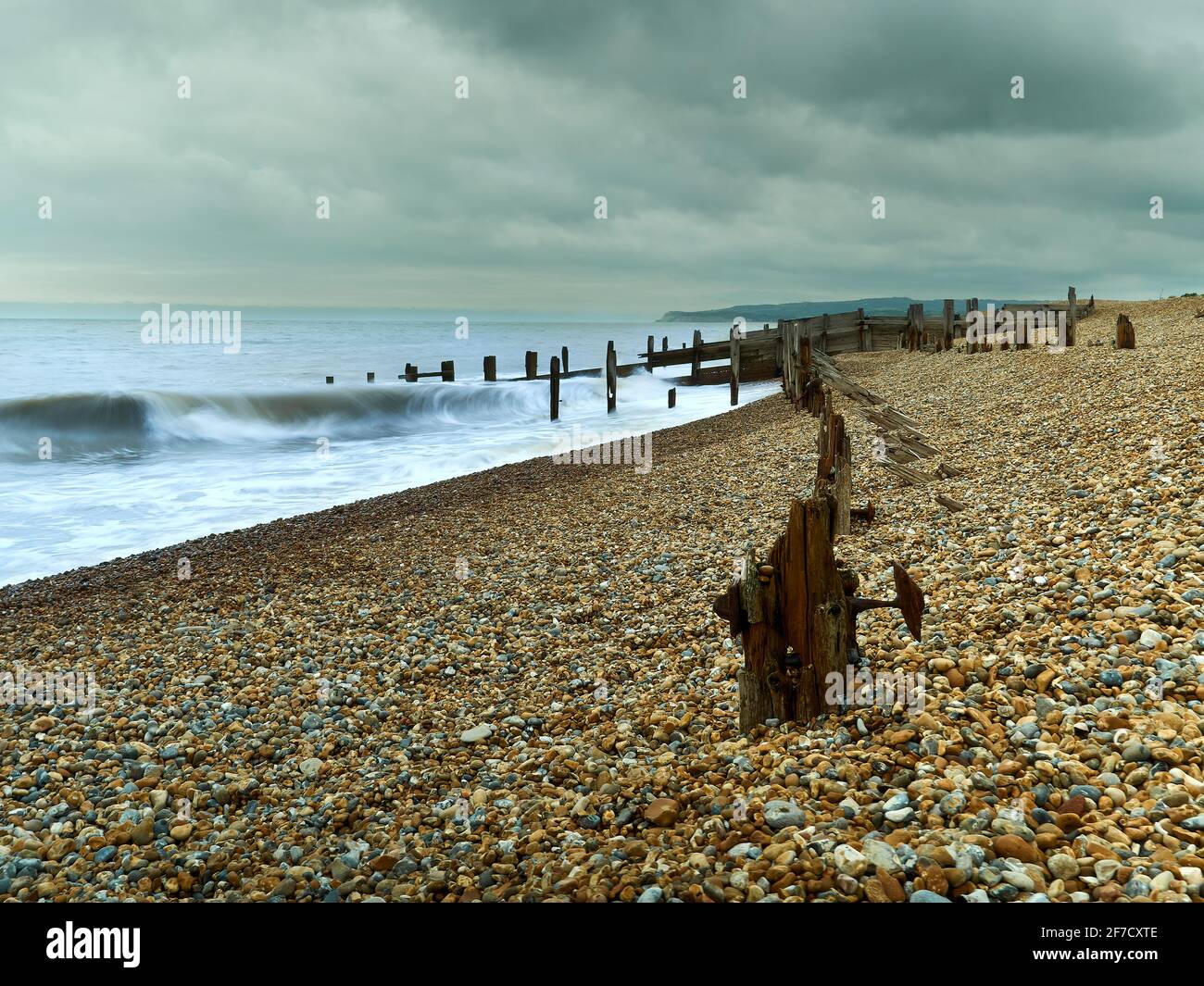A shingle beach, punctuated by the ruins of old wooden sea defences ...