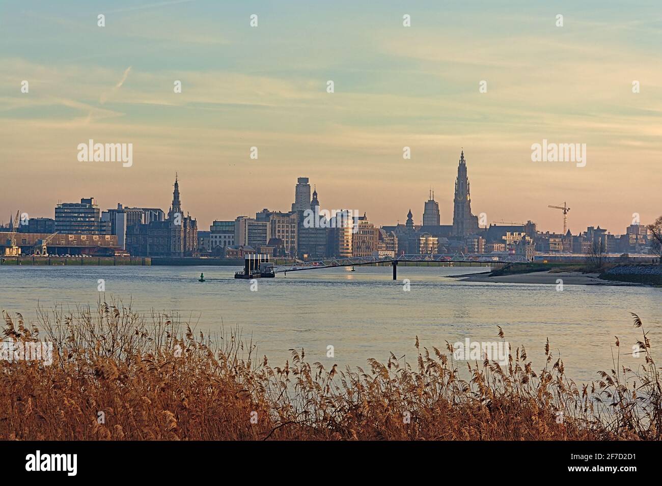 Embankments of river Scheldt in Antwerp, with the cathedral, old harbor ...