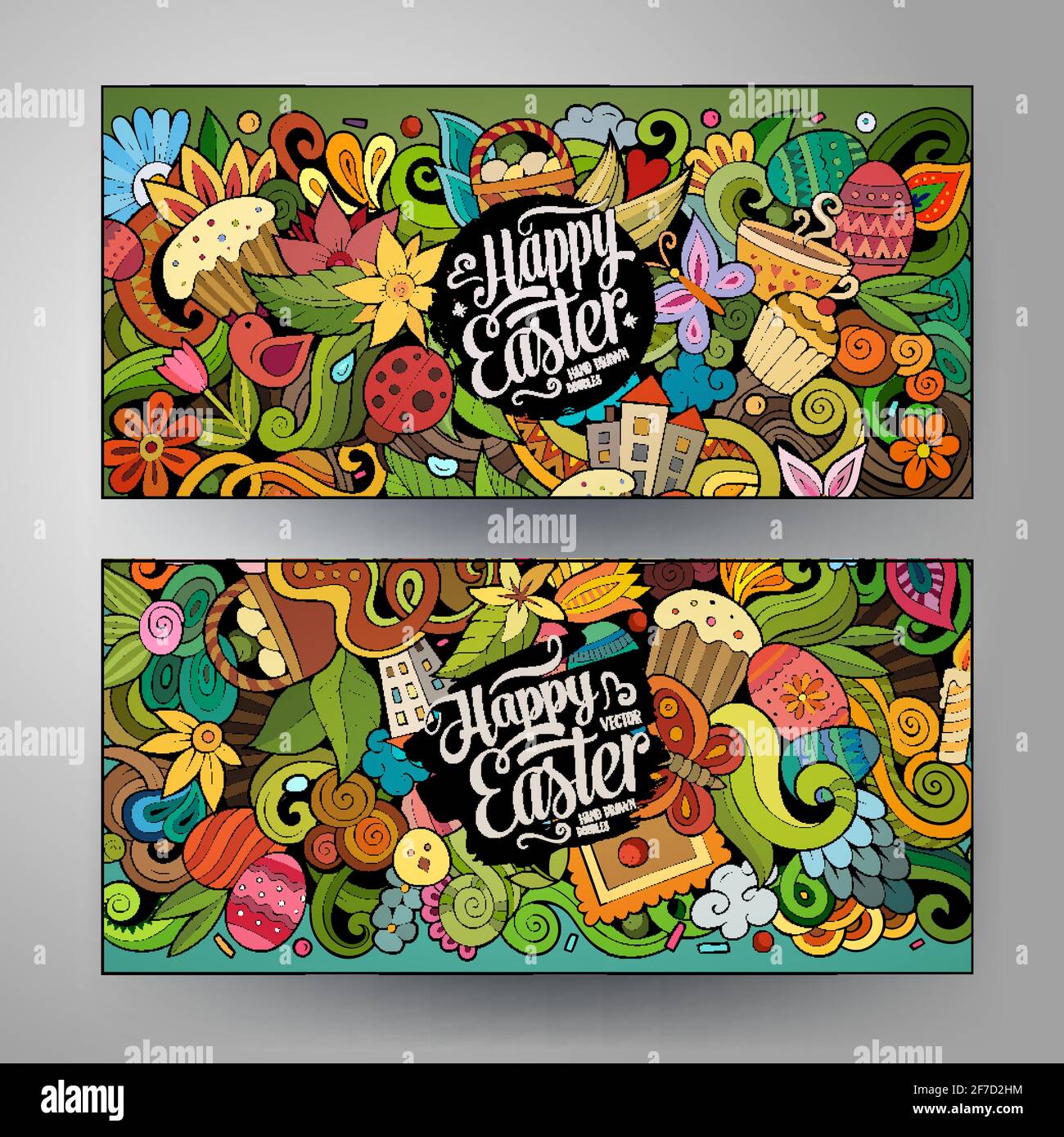 Cartoon cute colorful vector doodles Happy Easter corporate identity. 2 ...
