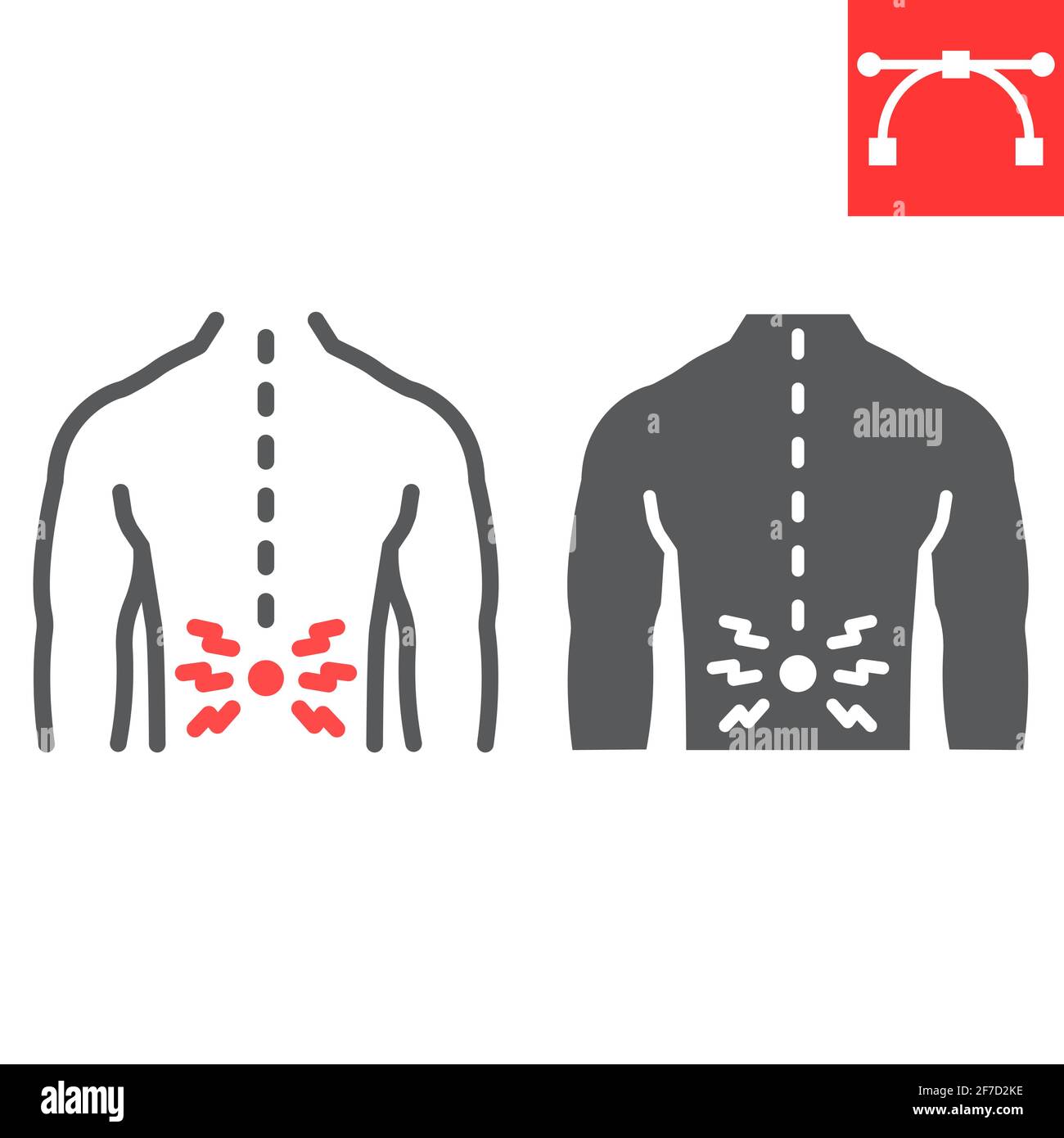 Back pain line and glyph icon, spine pain and human back, backache ...