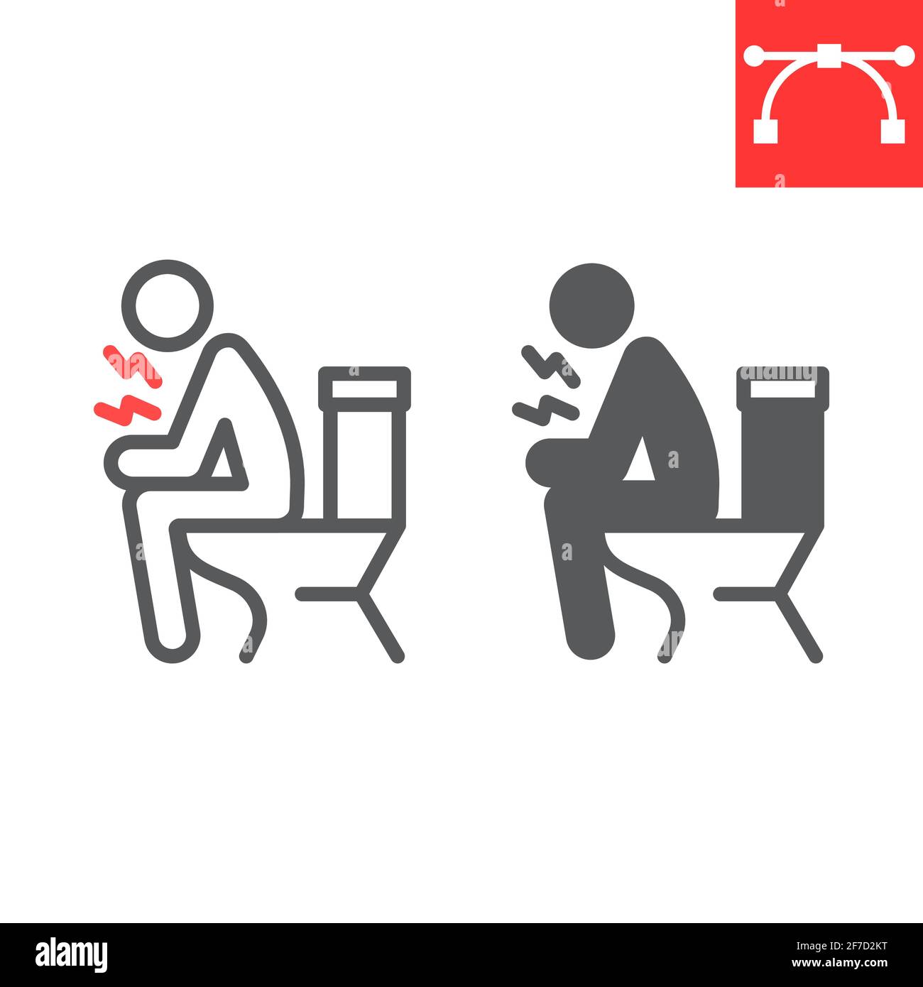Diarrhea line and glyph icon, covid-19 and constipation, man sitting on toilet vector icon ...