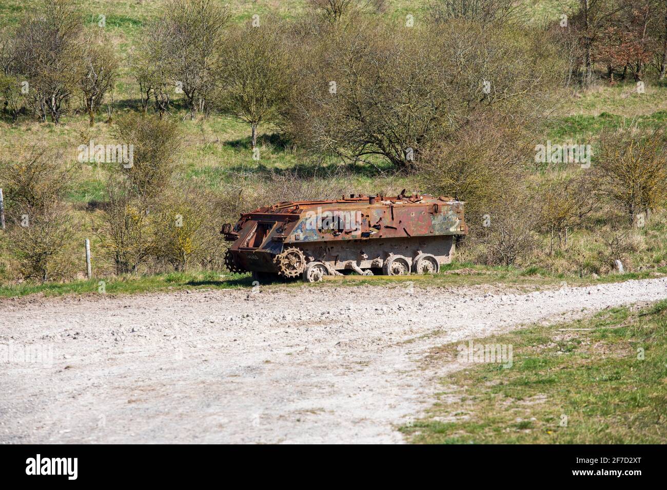 Ruins of a rusting abandoned tank near Imber village on MOD military ...