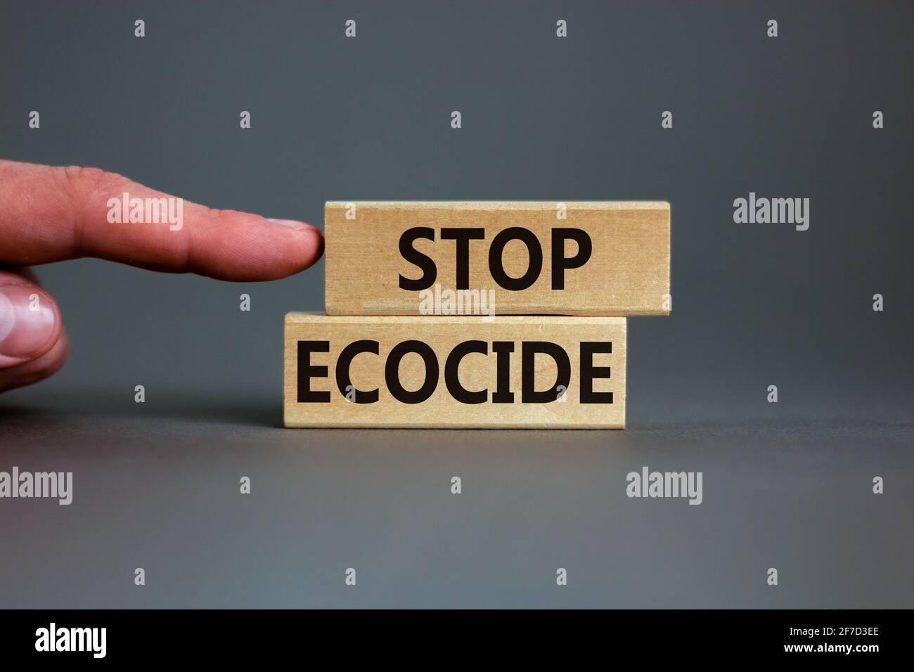 Stop ecocide symbol. Wooden blocks with words stop ecocide. Businessman ...