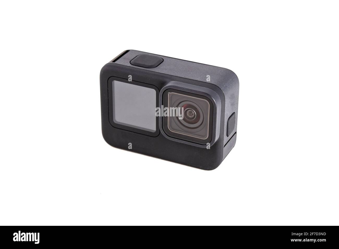black action camera with screen. front view, isolated white background ...
