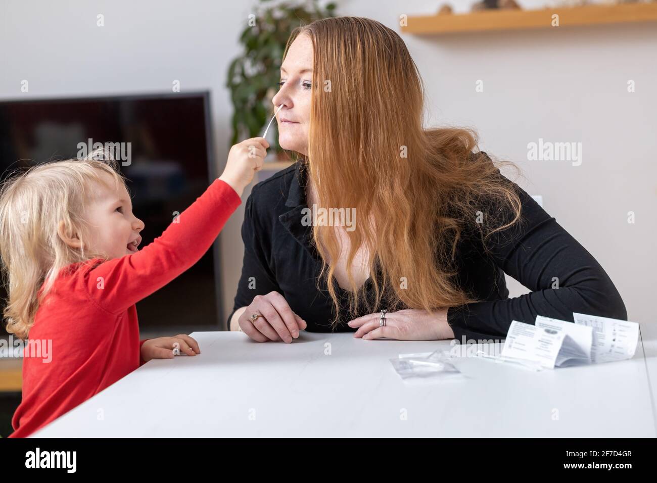 Cute little boy is giving a swab of self-testing kit to his mother's ...