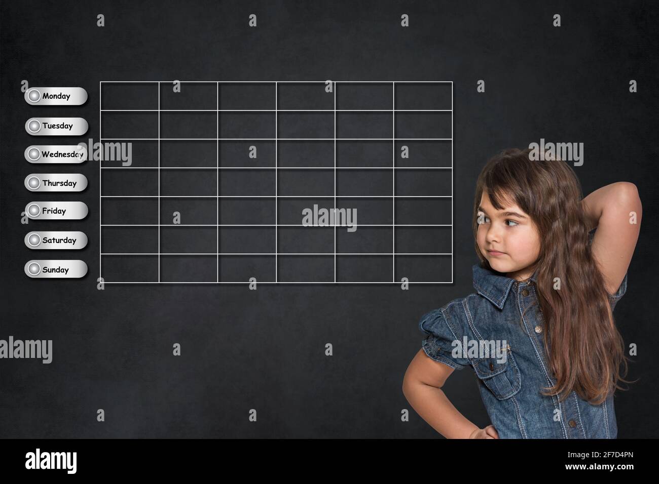 Cute tanned little girl is looking at the blank weekly planner. Monday ...