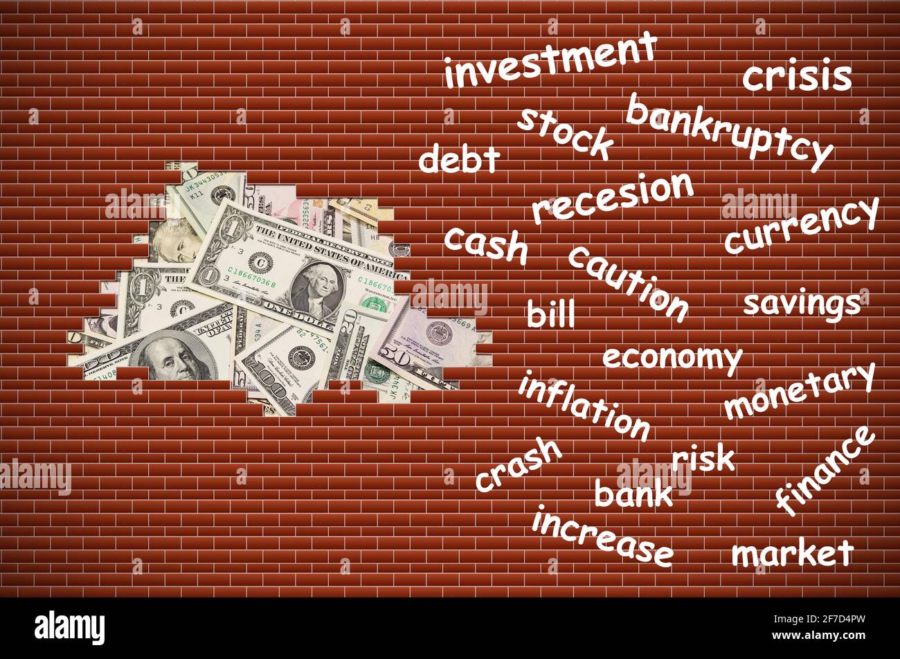 Economic problems concept showing dollar bills in a hole in a brick ...