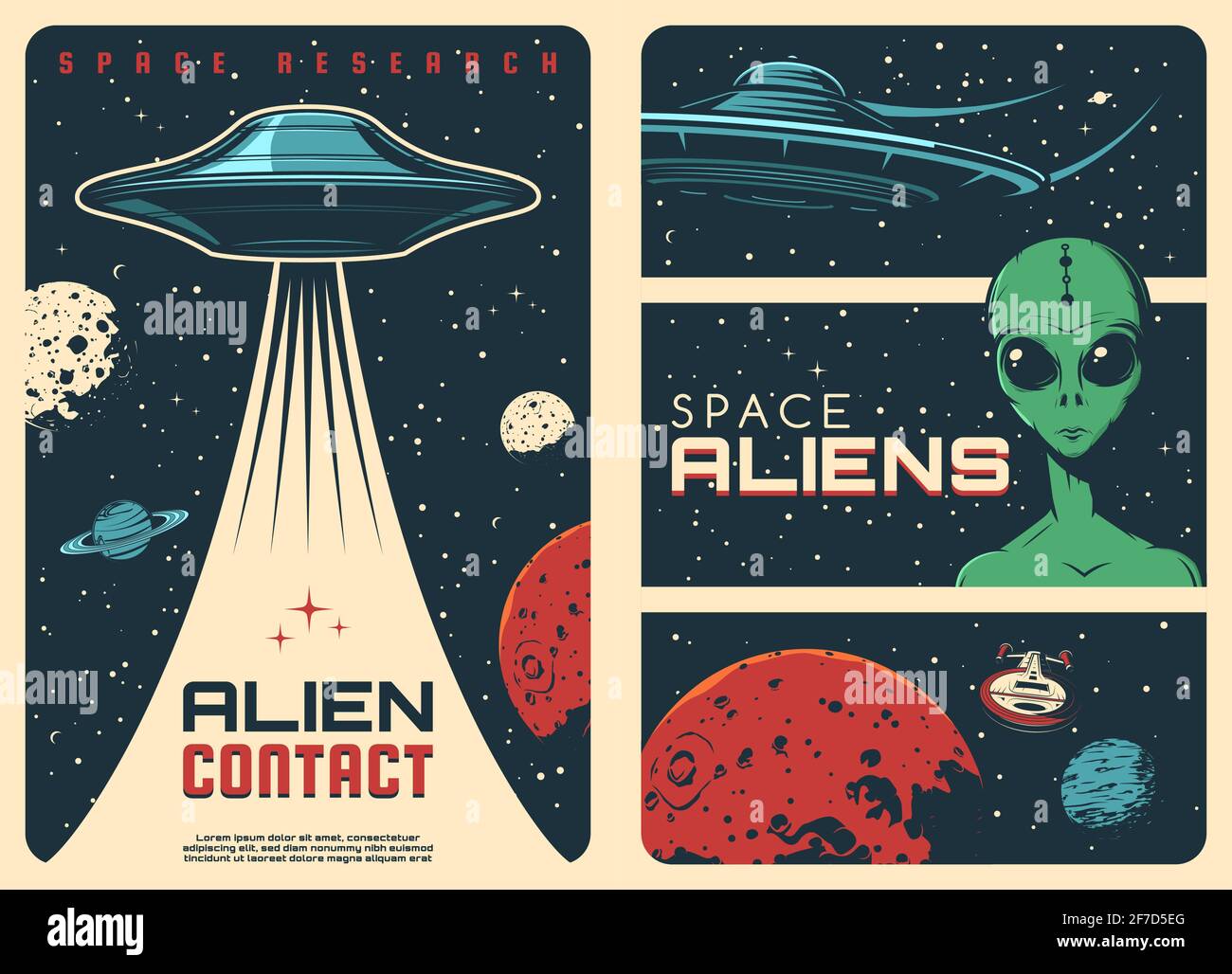 Alien contact, UFO spaceship vintage banners Stock Vector Image & Art ...