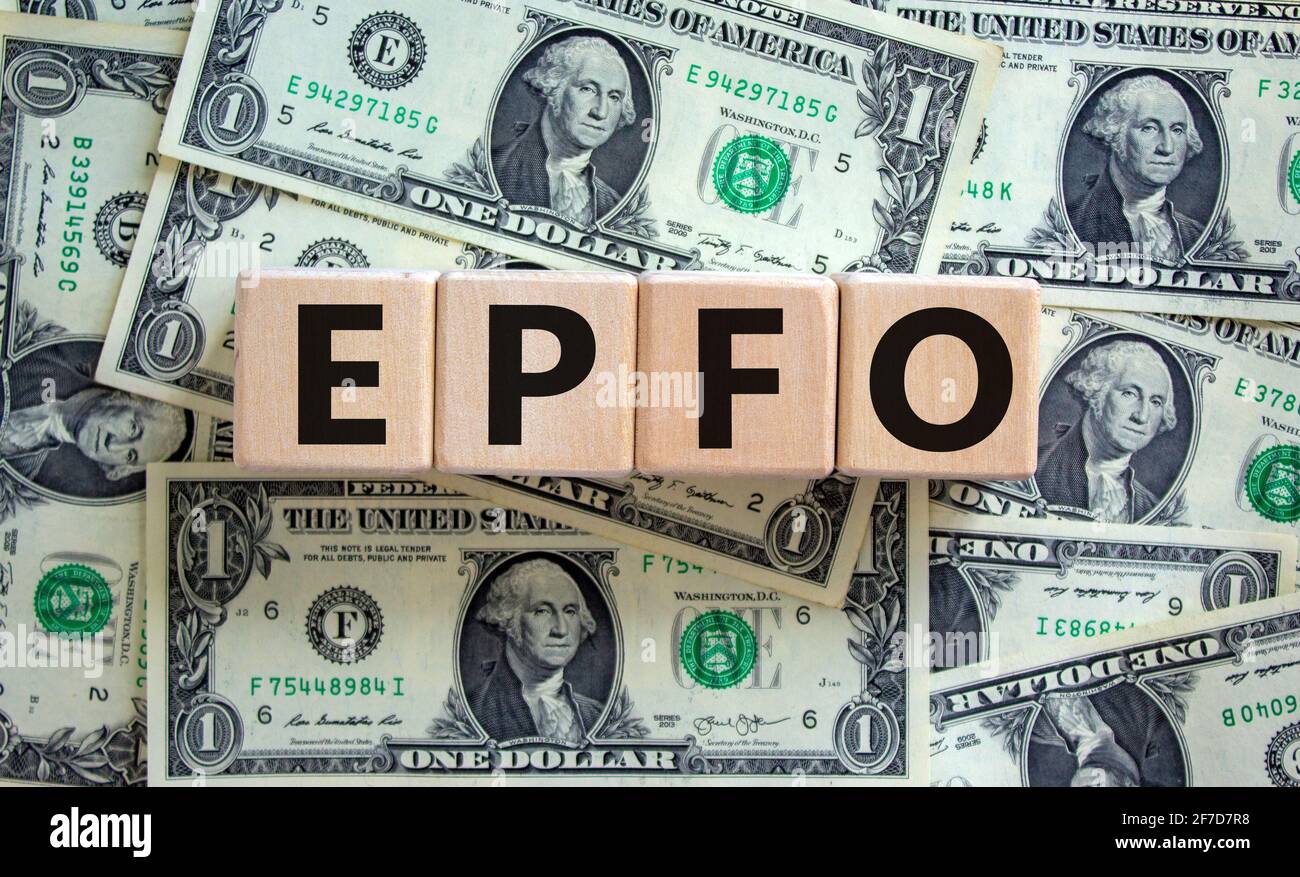 EPFO, employees provident fund organisation symbol. Wooden cubes with ...