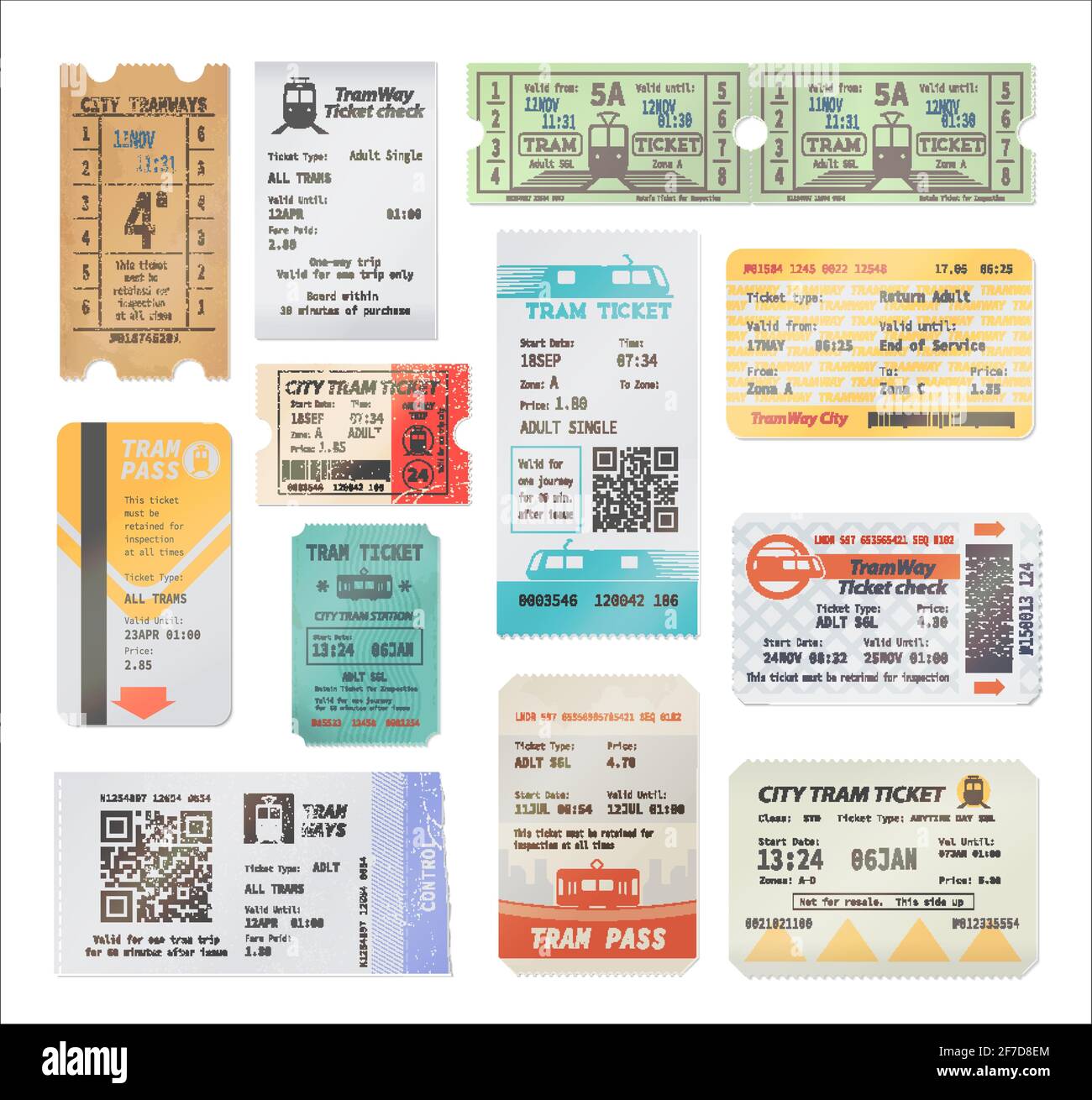 Vintage and modern tram tickets, vector qr code Stock Vector Image ...