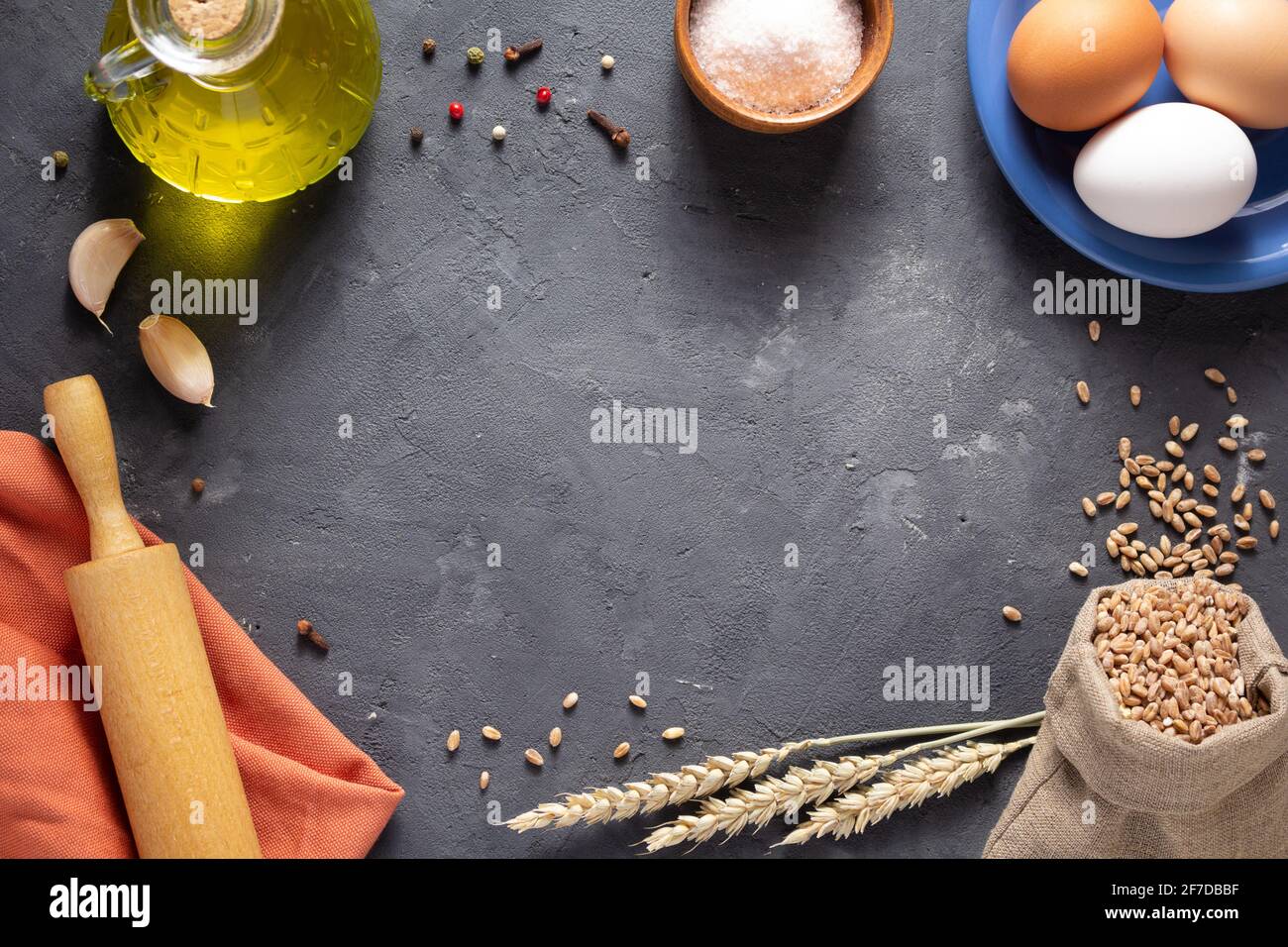 Bakery ingredients for homemade bread baking on table. Food recipe top ...