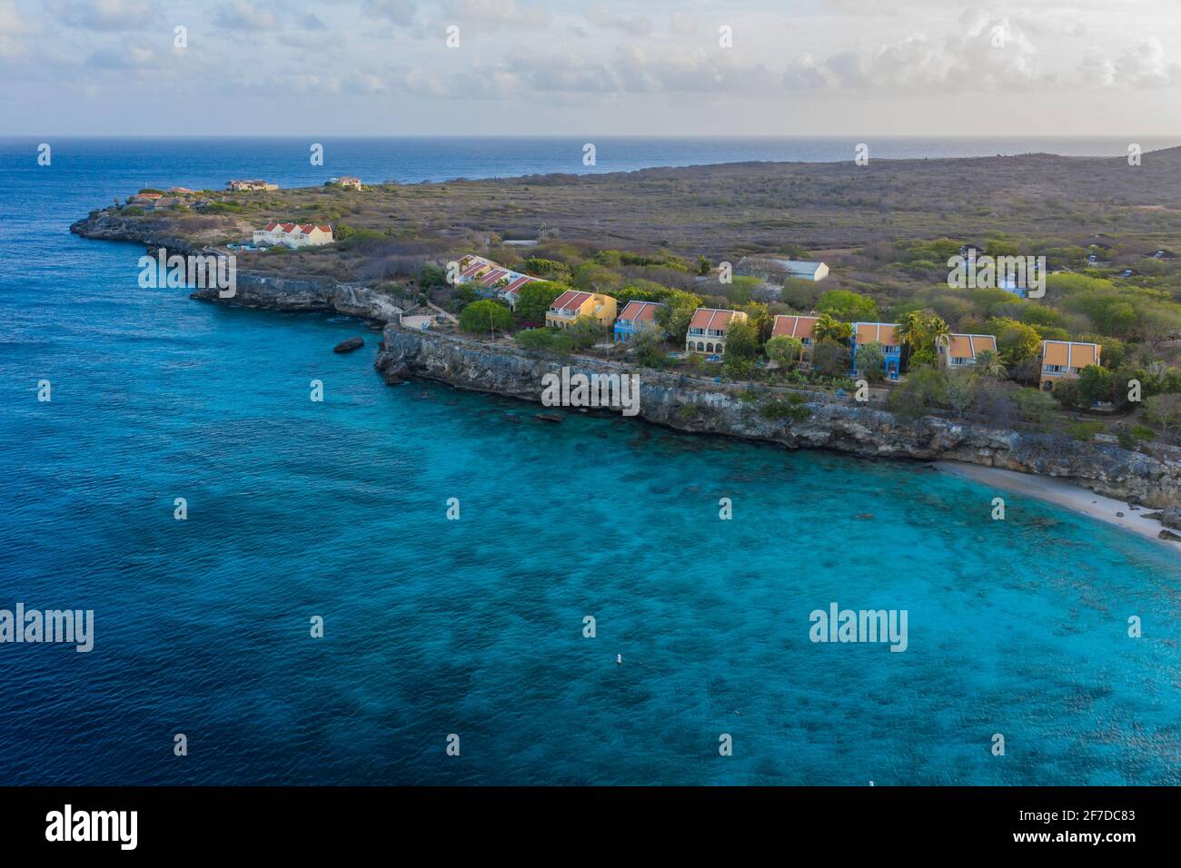 Aerial view above coast scenery of Curacao, Caribbean with ocean and ...