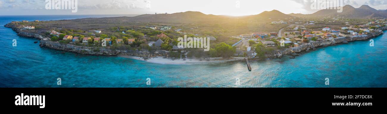 Aerial view above coast scenery of Curacao, Caribbean with ocean and ...