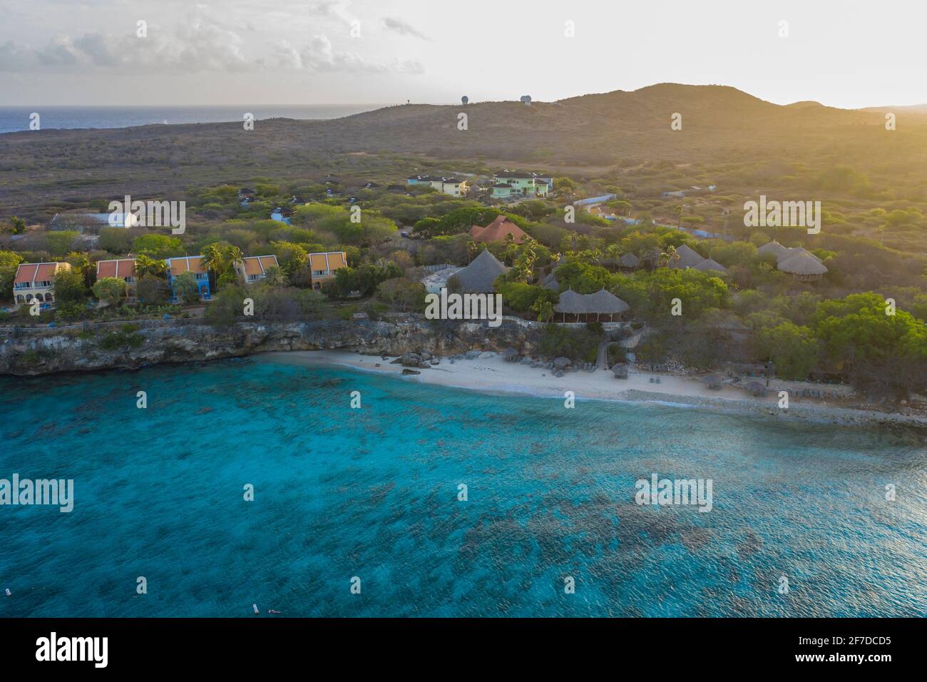 Aerial view above coast scenery of Curacao, Caribbean with ocean and ...