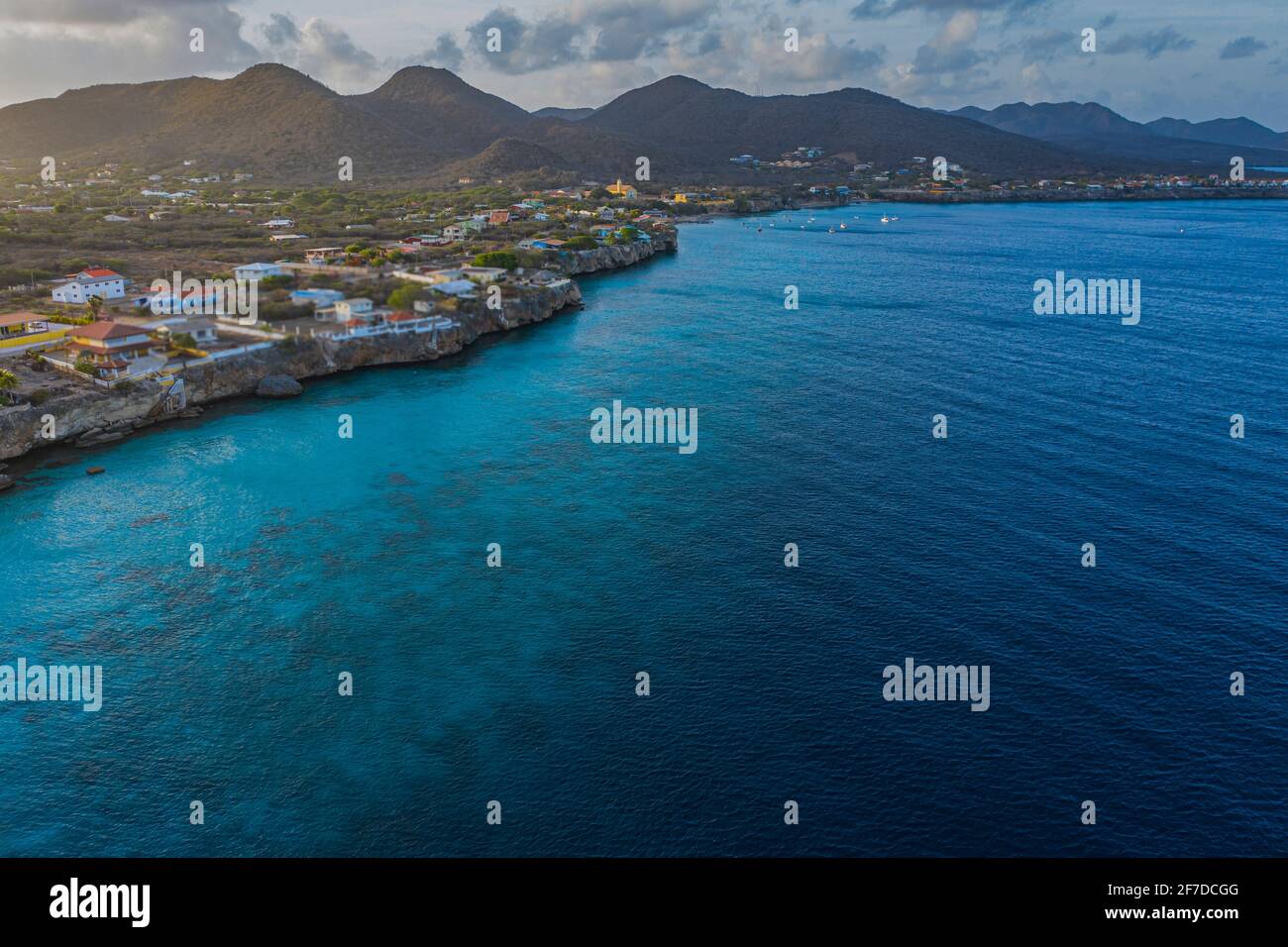 Aerial view above coast scenery of Curacao, Caribbean with ocean and ...