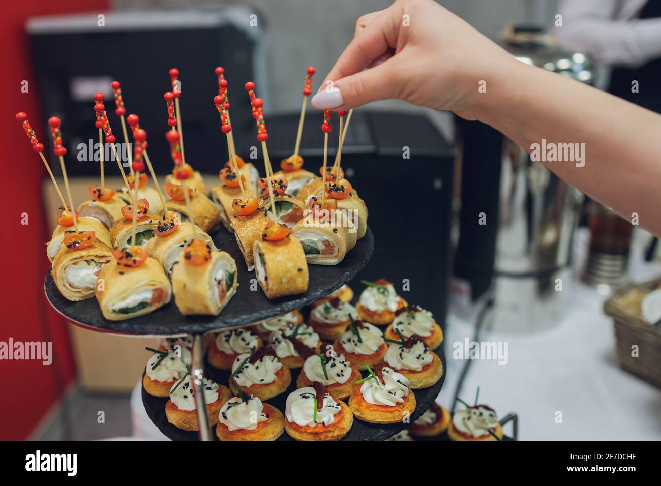 Catering service. Restaurant table with food at event. Shallow depth of ...