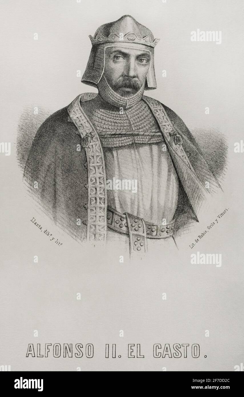 Alfonso II of Asturias (c. 760-842). Called the Chaste. Illustration by ...