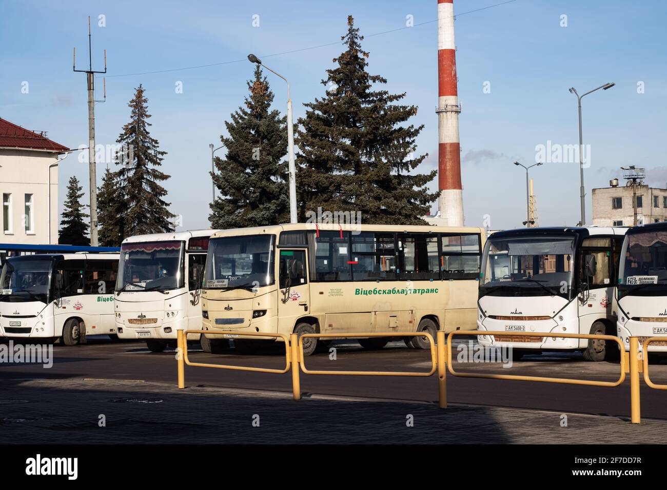 BELARUS, NOVOPOLOTSK - FEBRUARY 25, 2020: Buses at the bus station ...