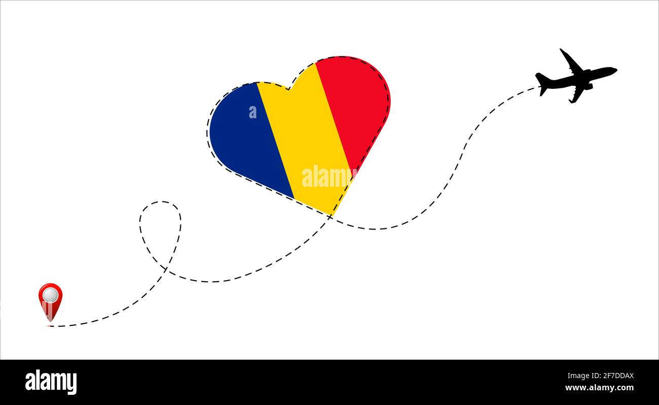 Airplane flight route with the Romania flag inside the heart. Travel to ...