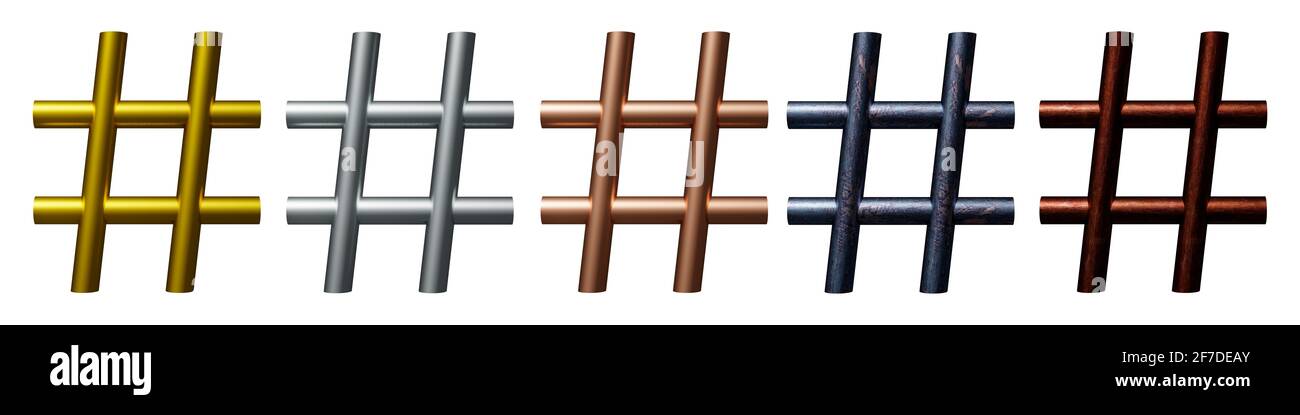 set of five hashtags with metal texture. isolated white. 3d render ...