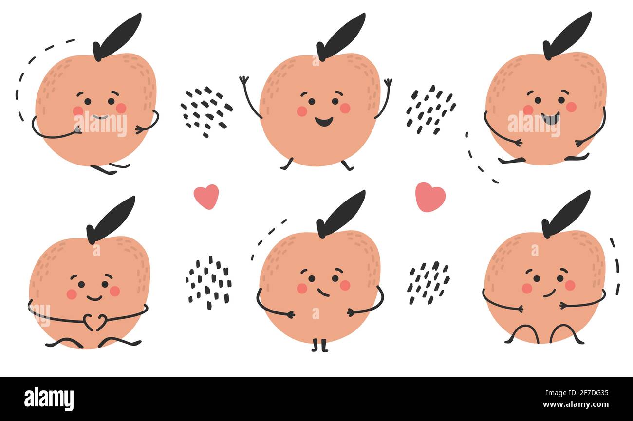 Hand drawn cute funny happy peach set. Childish cheerful character ...