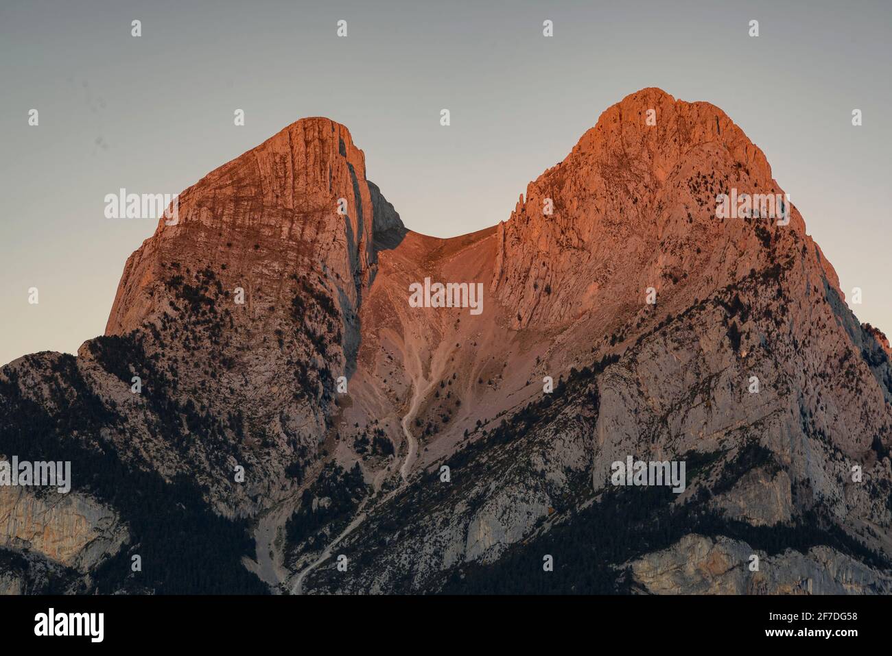 Pedraforca in an autumn sunrise, seen from Maçaners (Barcelona province ...