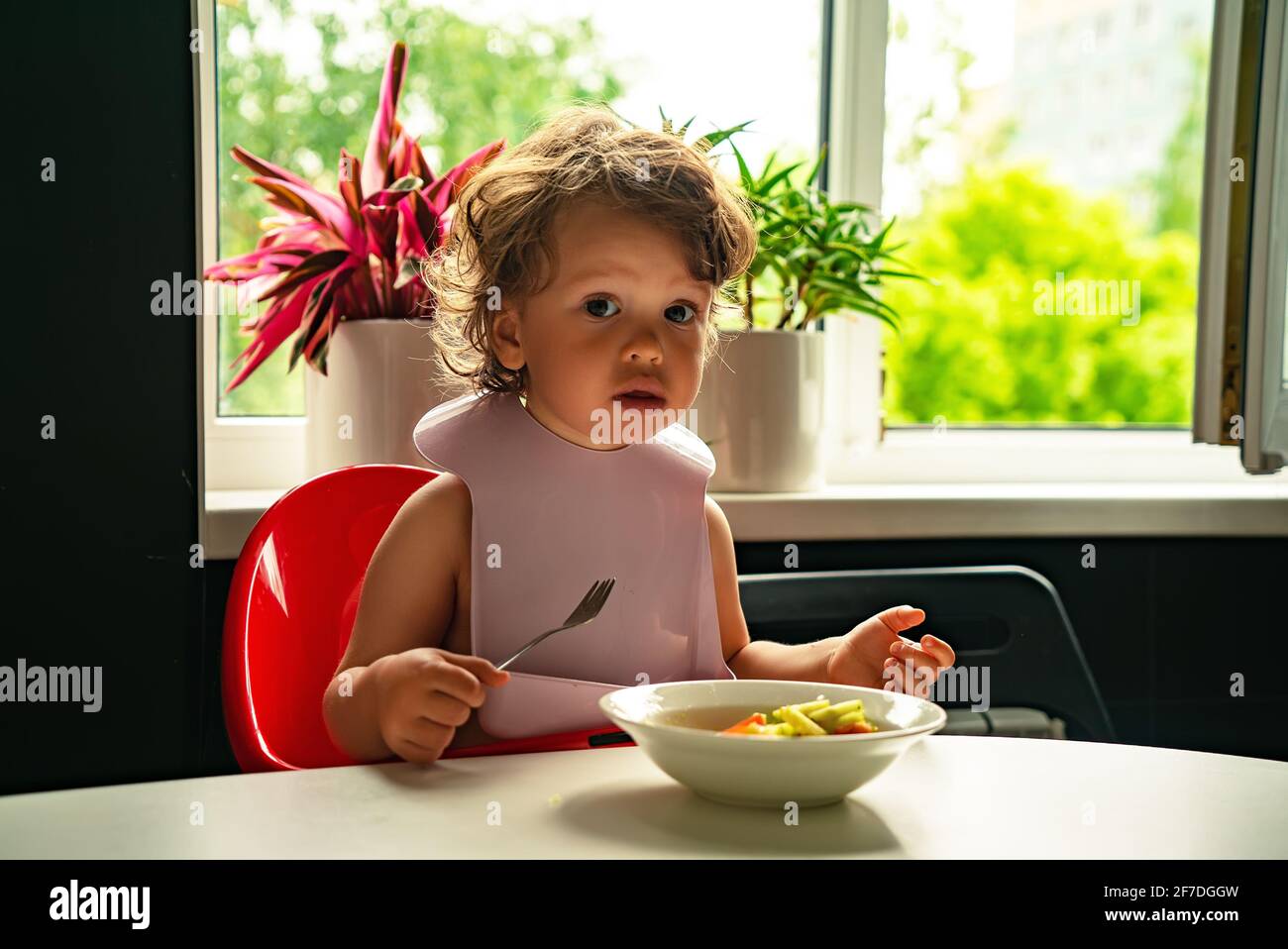 Portrait of a little child sitting with a plate of food at the table in ...
