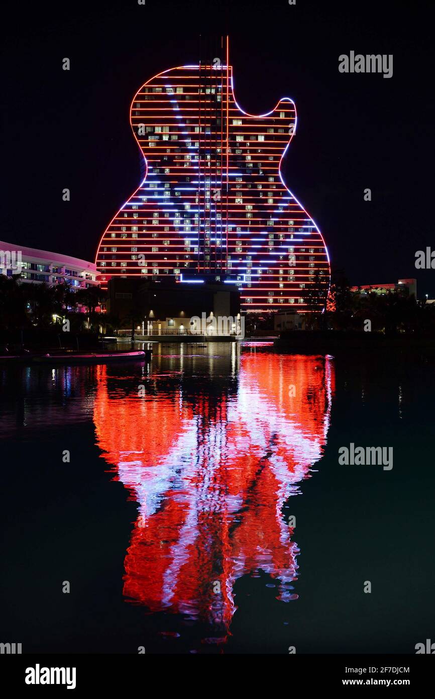 Hollywood - FL - 20201008- The iconic Hard Rock Guitar Hotel lights up ...