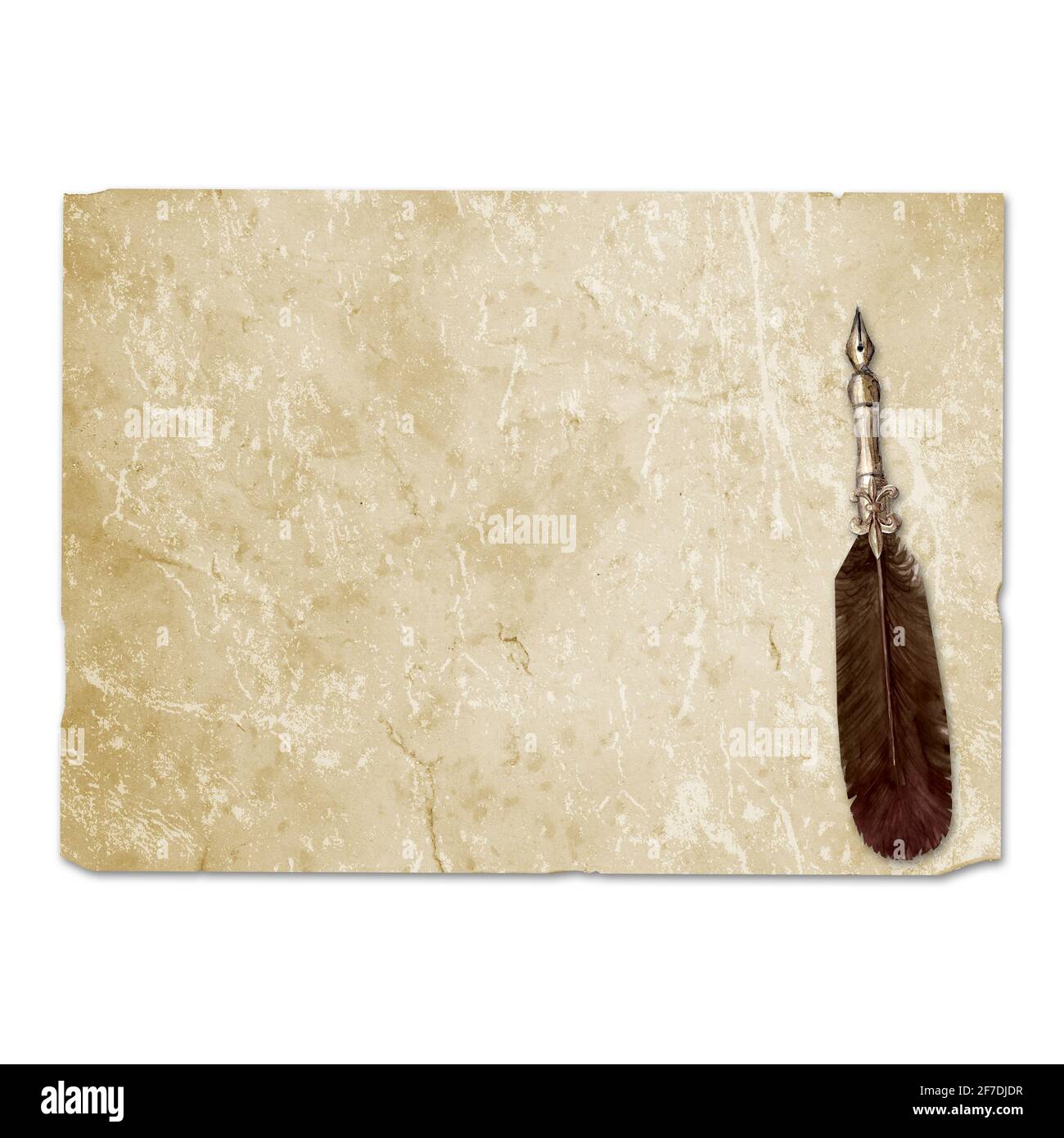 Vintage style fountain feathers pen with sheets of old aged yellow ...