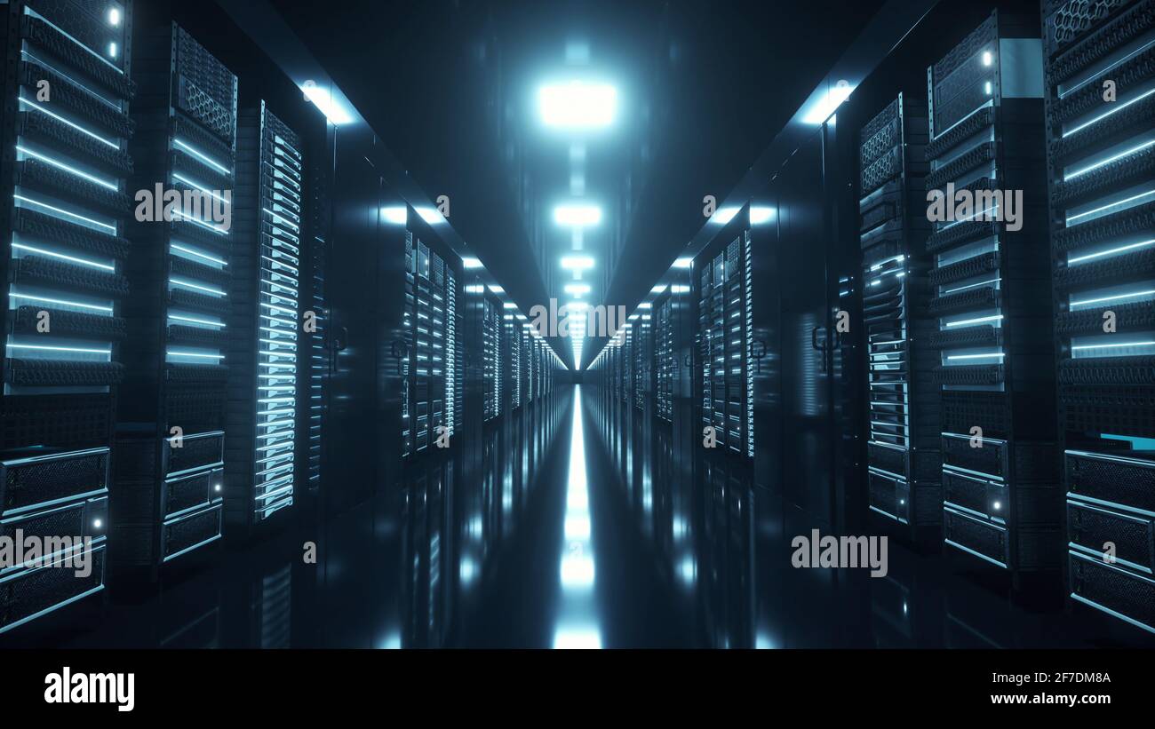 Network and data servers behind glass panels in a server room. 3d ...