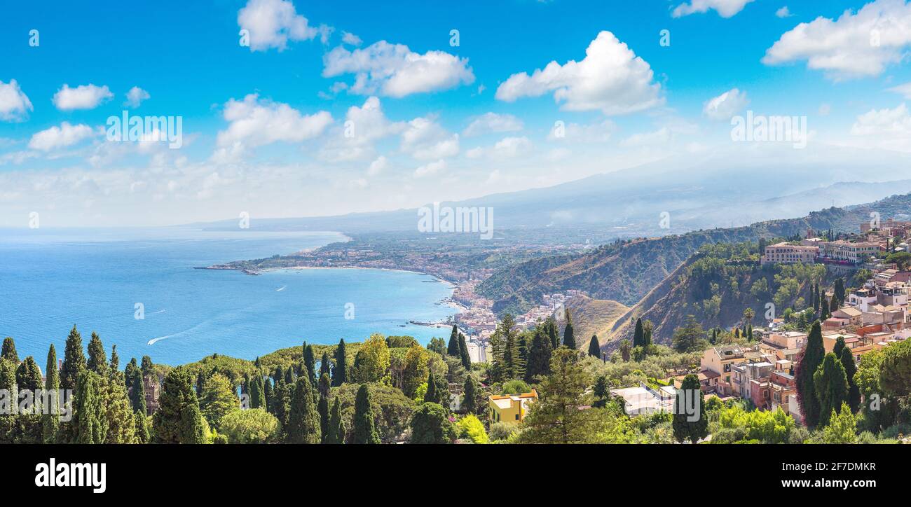 Panoramic aerial view of Taormina in Sicily, Italy in a beautiful ...