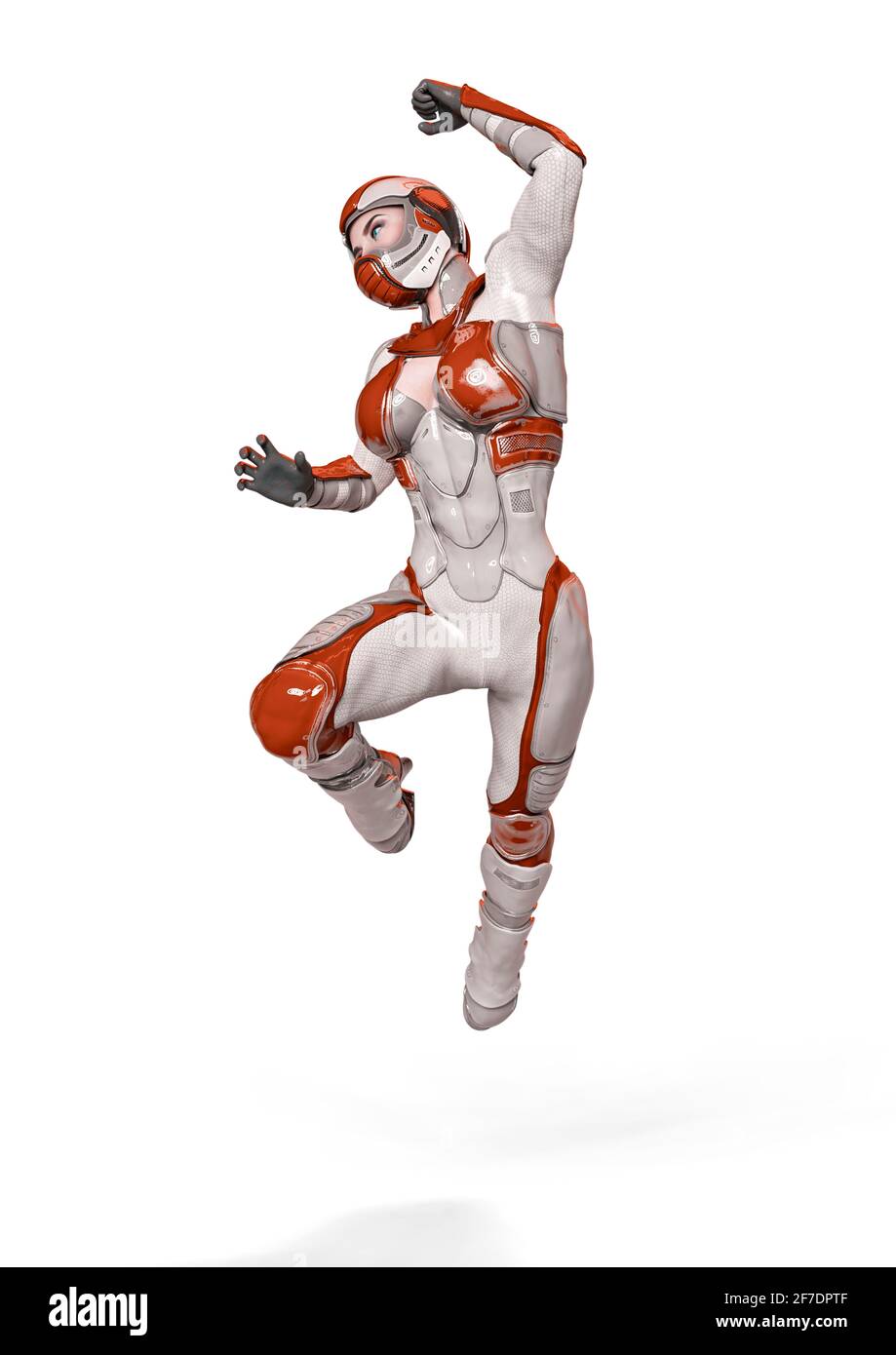 comic woman in a sci fi outfit doing a jump attack, 3d illustration ...