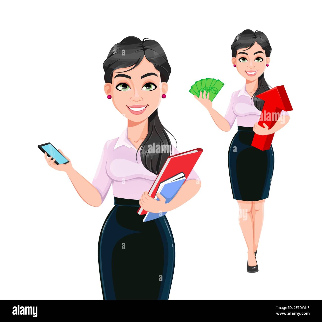 Beautiful successful business woman cartoon character, set of two poses ...