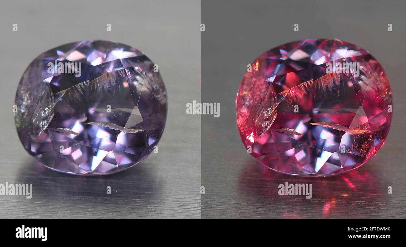 Natural gemstone alexandrite with color change on gray background Stock ...