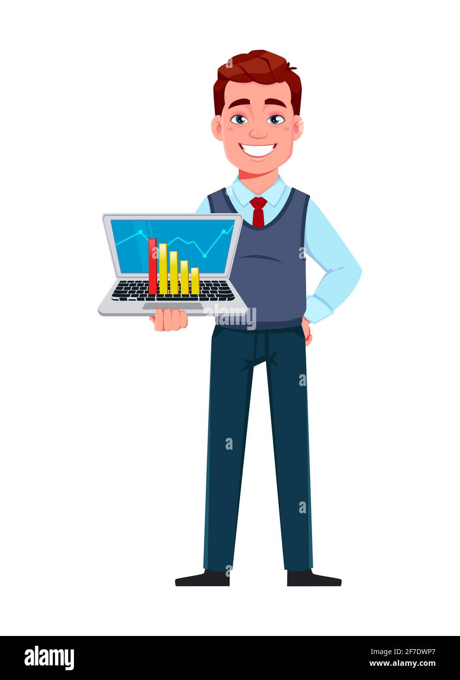 Handsome business man working on laptop. Young businessman cartoon ...