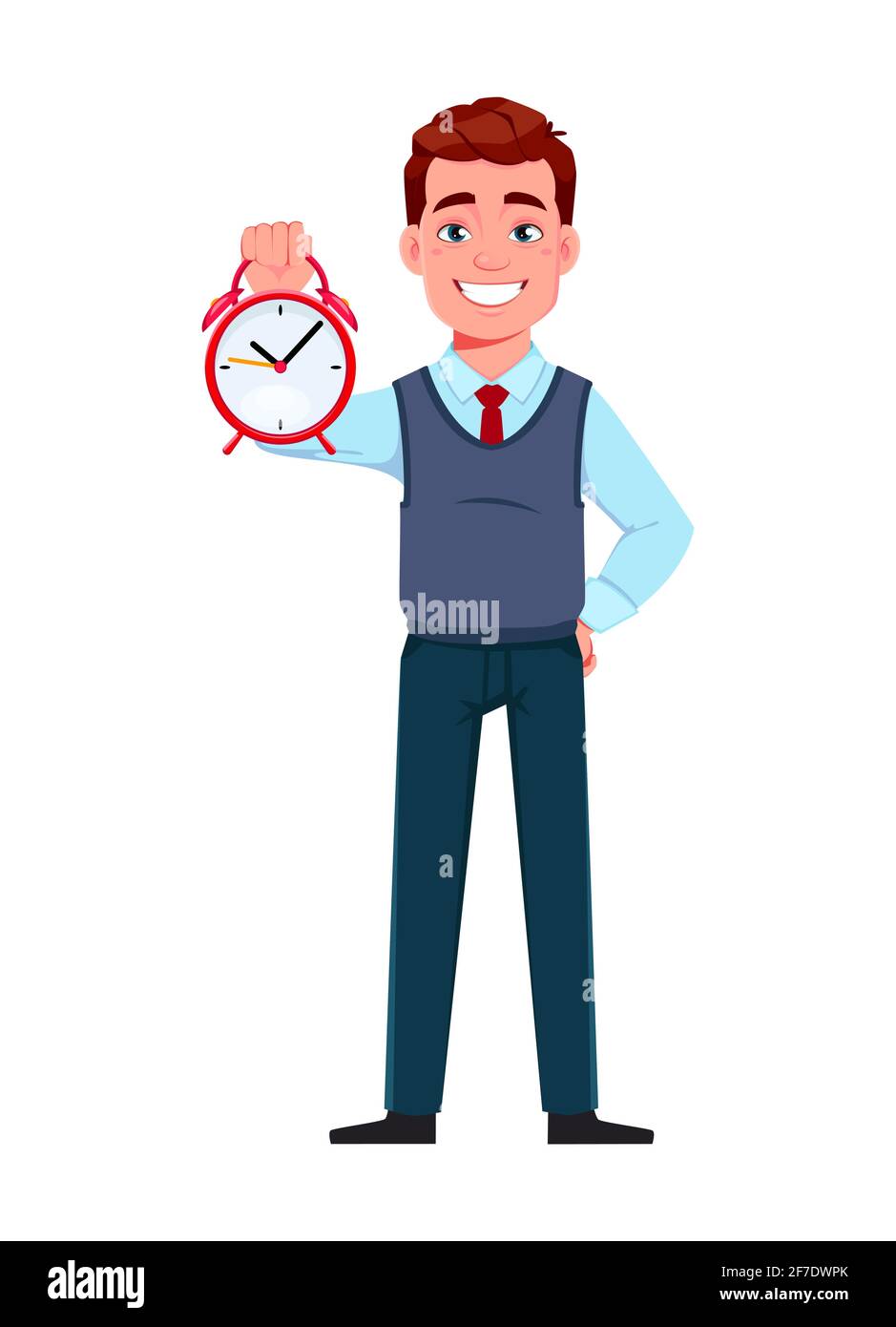 Handsome business man holding alarm clock. Young businessman cartoon ...