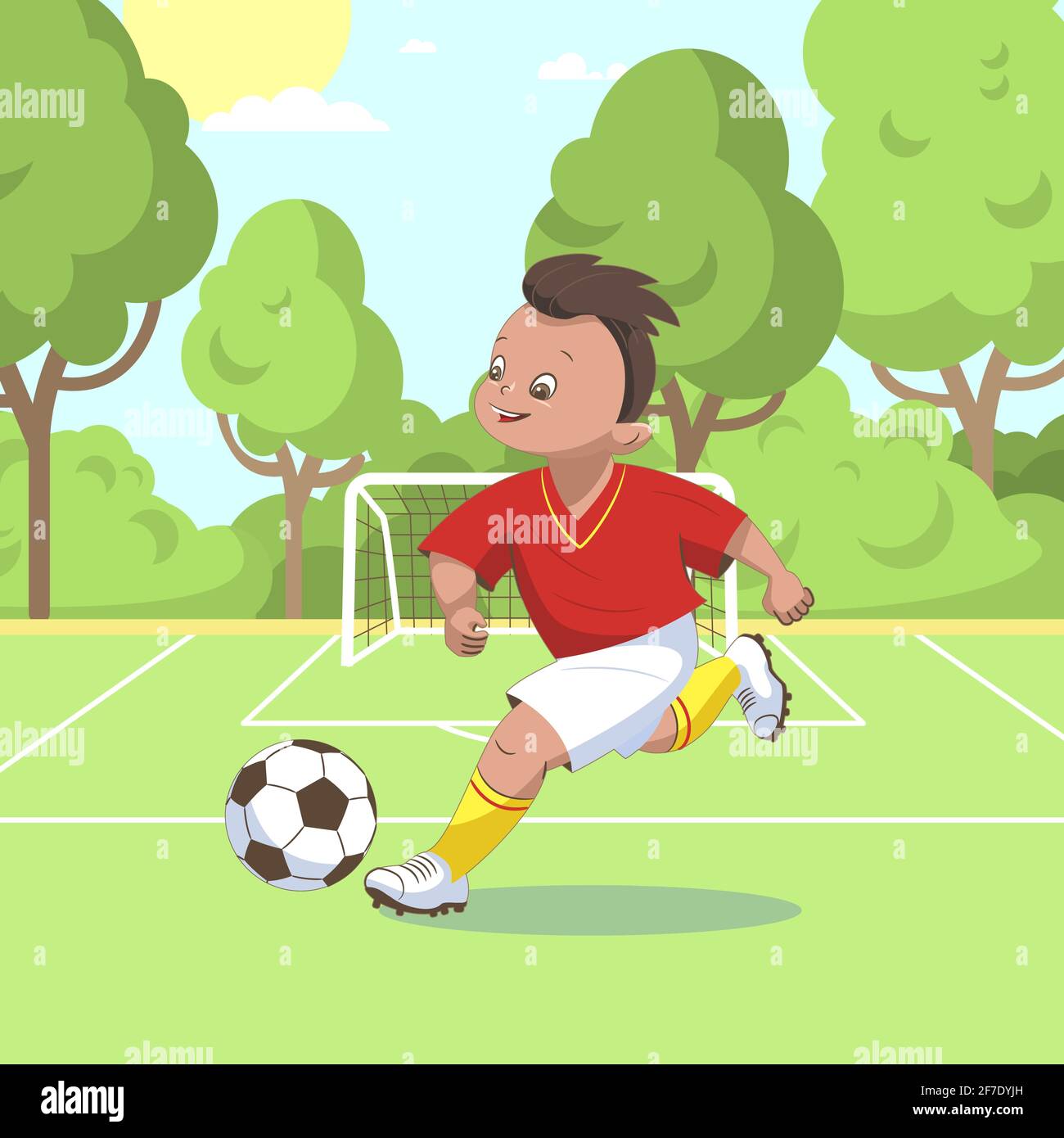 Teenage - soccer players kick a soccer ball on a green soccer field and ...