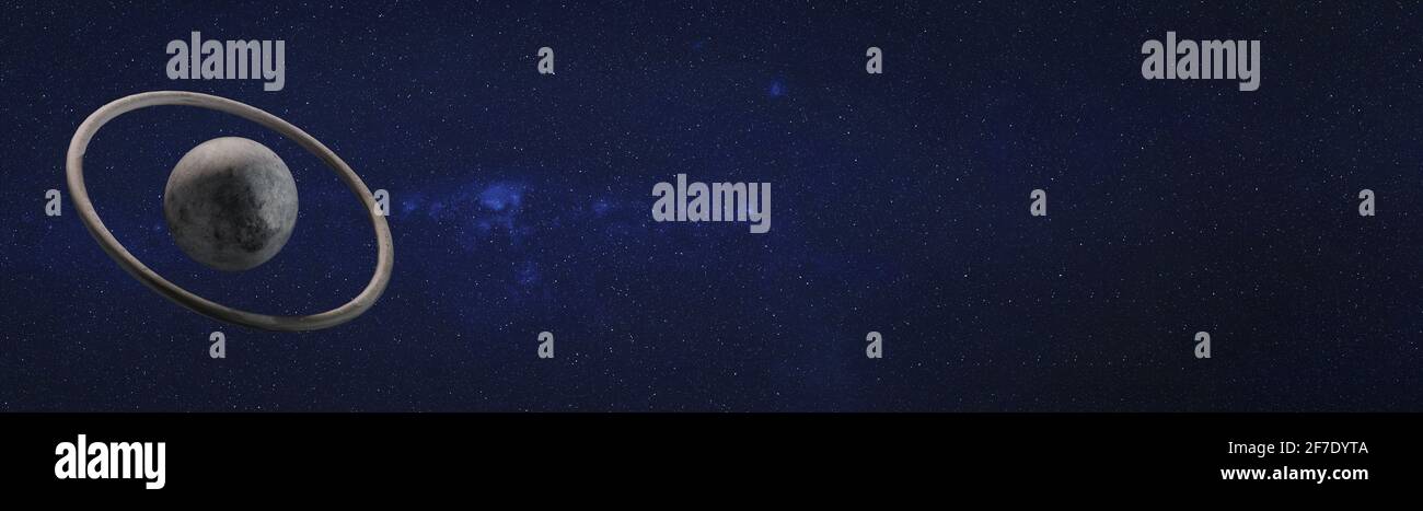 Fantastic grey rock planet with rock torus ring around. Ultra wide 3D ...