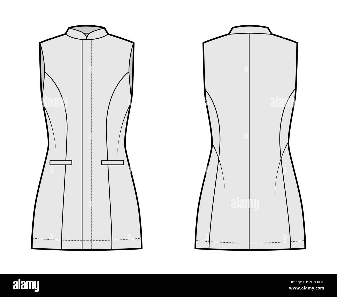 Long vest waistcoat technical fashion illustration with fitted body ...