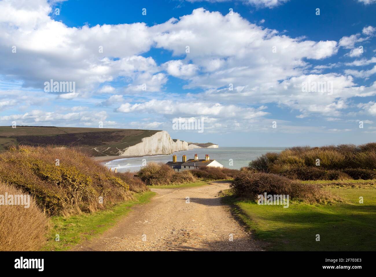 View of the Seven Sisters cliffs and the coastguard cottages, from ...