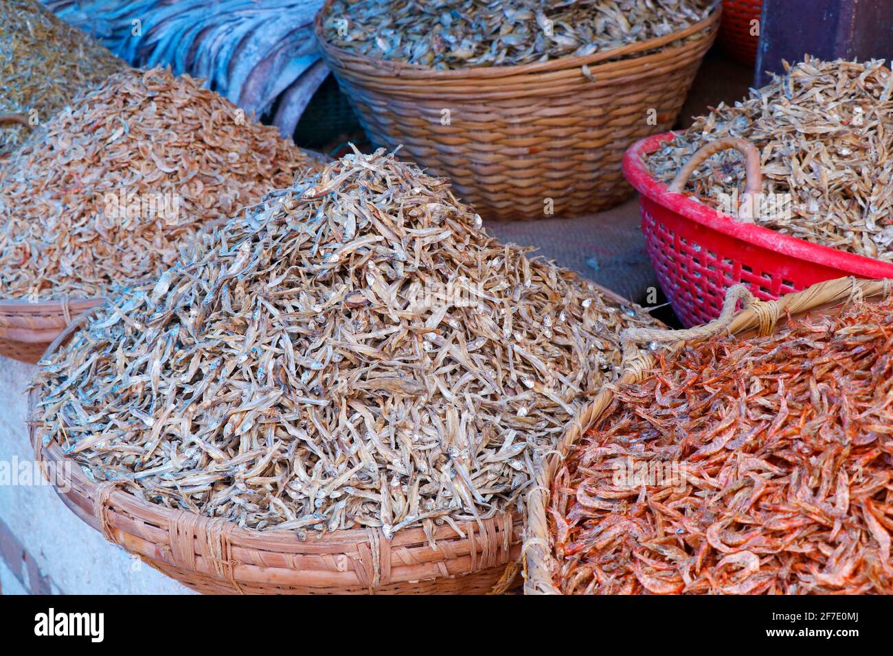 different variety of dry fishes stored in a basket for sell in a market ...